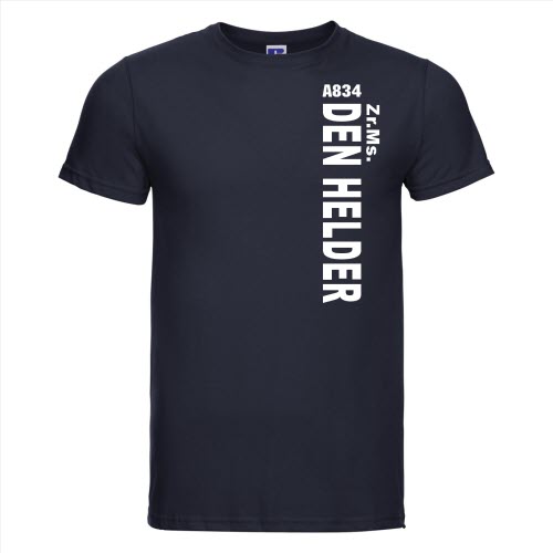 A834 ZrMs Den Helder Dwarsshirt wit op Navy | A834 Dwarsshirt wit